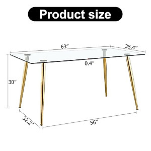 VENBER Rectangle Glass Dining Table with Gold Legs, 63" Modern Transparent Tempered Glass Desktop,End Tables Center Table for Living Room,Dining Room, Tea (Gold)