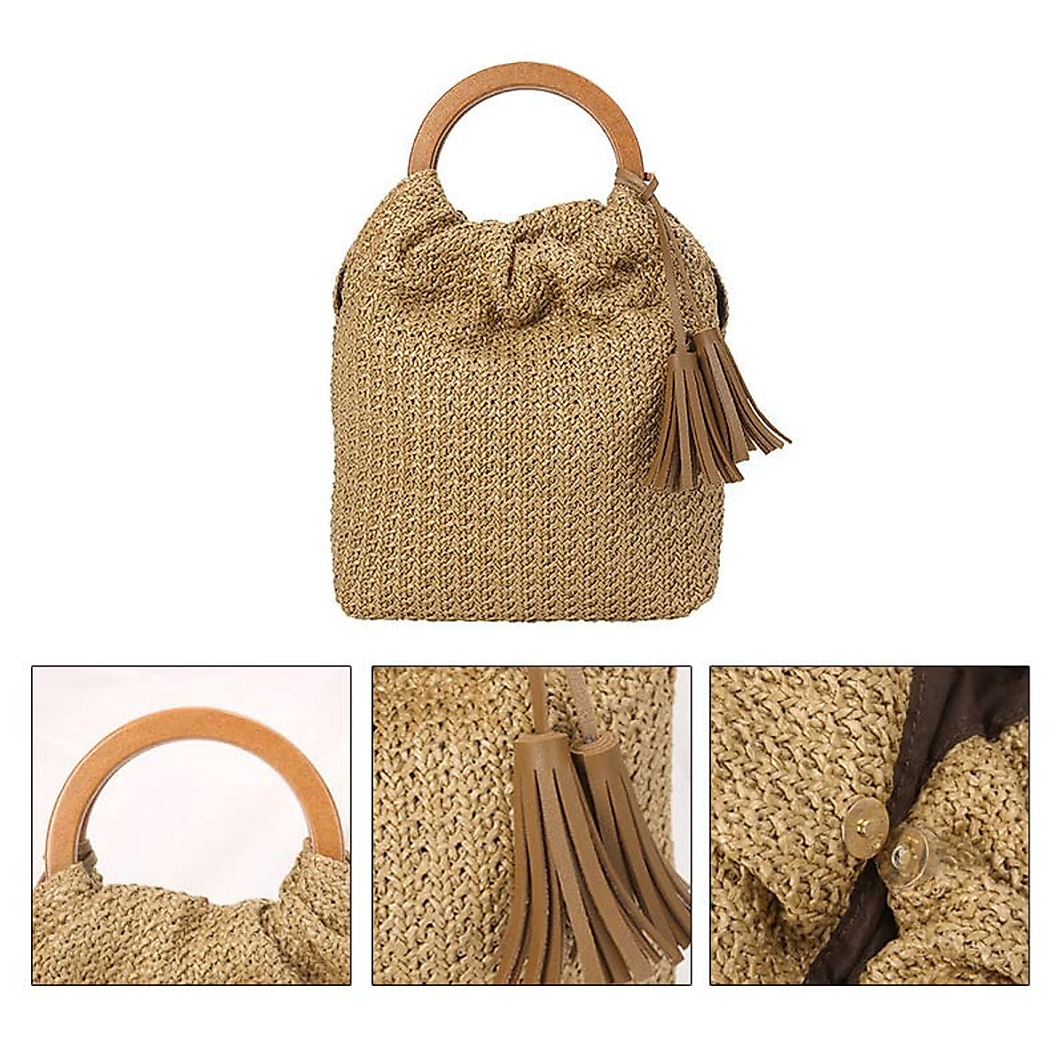 Women Tassels Straw Woven Handbag Wooden Top Handle Bucket Bag Summer Beach Travel Tote