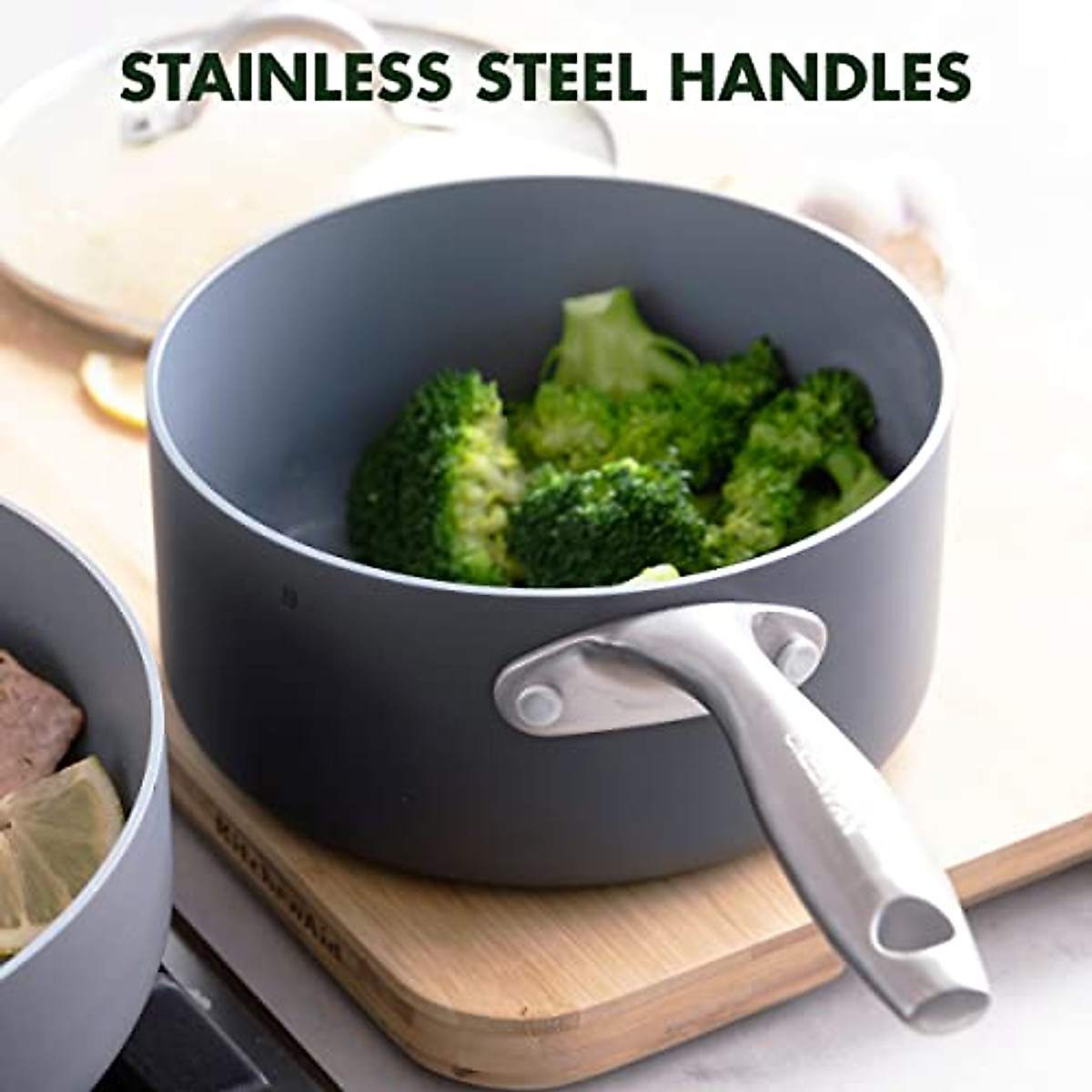 GreenPan Lima Hard Anodized Healthy Ceramic Nonstick 1QT and 2QT Saucepan Pot Set, PFAS-Free, Oven Safe, Gray