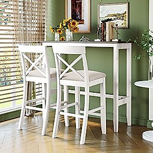 Polibi 3-Piece Bar Height Dining Set with 48”Rectangular Bar Table and 2 Padded Chairs for Dining Room Kitchen Breakfast Nook, Cherry+White