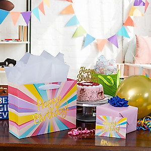 Large 13" Colorful Birthday Gift Bag Set - Gold Foil, Bag with Handles, Matching Tissue Paper & Cards. Reusable Ideal for Boys or Girls' Party & Special Occasion