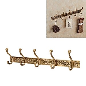 Coat Rack Wall Mounted, Aluminum Wall Hooks for Hanging with 5 Hooks Vintage Gold Wall Mount Coat Rack Key Holder for Wall Hallway