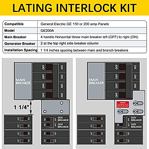 Generator Interlock for General Electric GE 150 or 200 Amp Panels with 1 1/4 Inches Spacing, Brushed Nickel