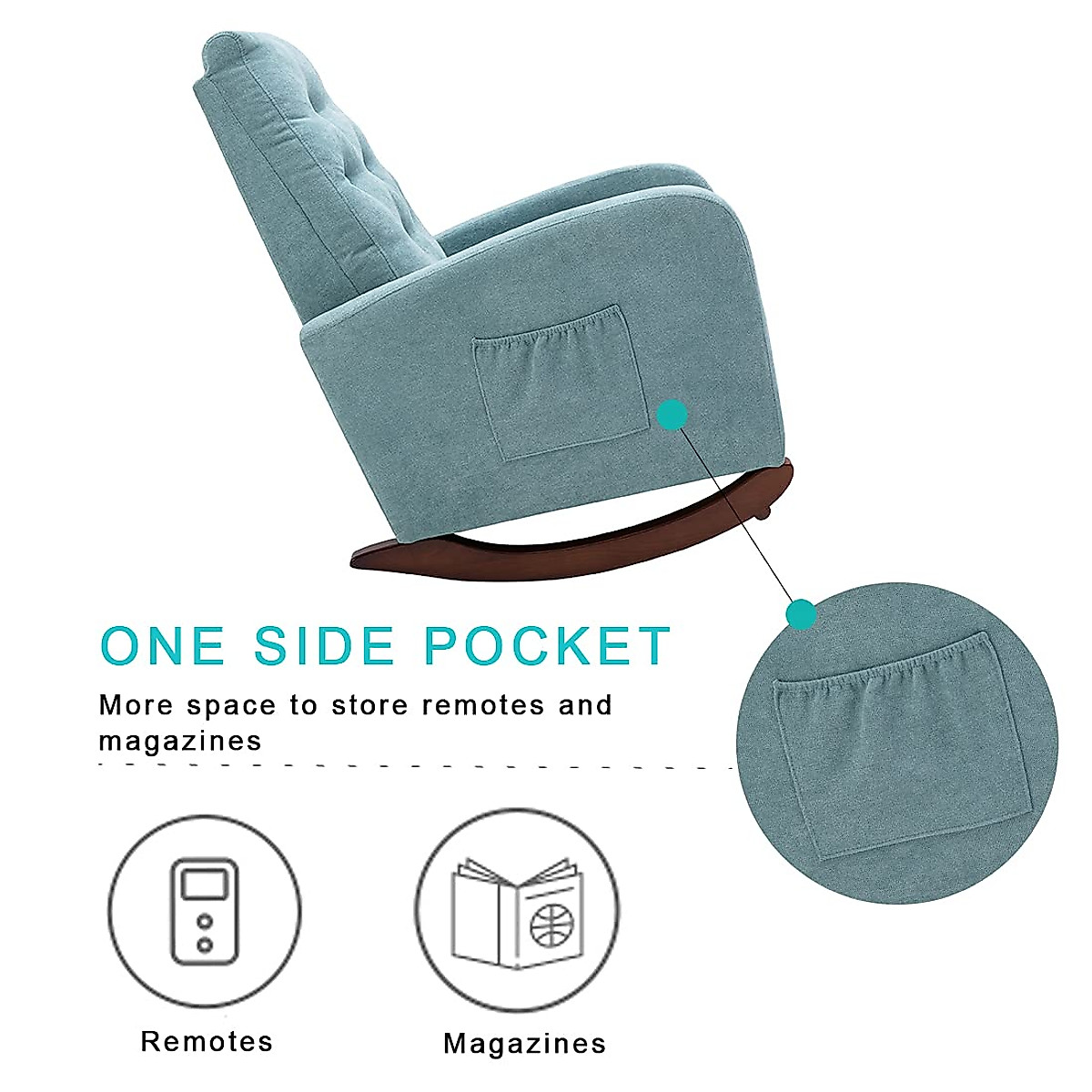 Baysitone Rocking Accent Chair, Tufted Upholstered Luxury Cotton Lounge Chair, Glider Rocker Armchair with Side Pocket for Nursery, Living Room, Bedroom, 300 lbs Strong Support (Mint Green + Cotton)