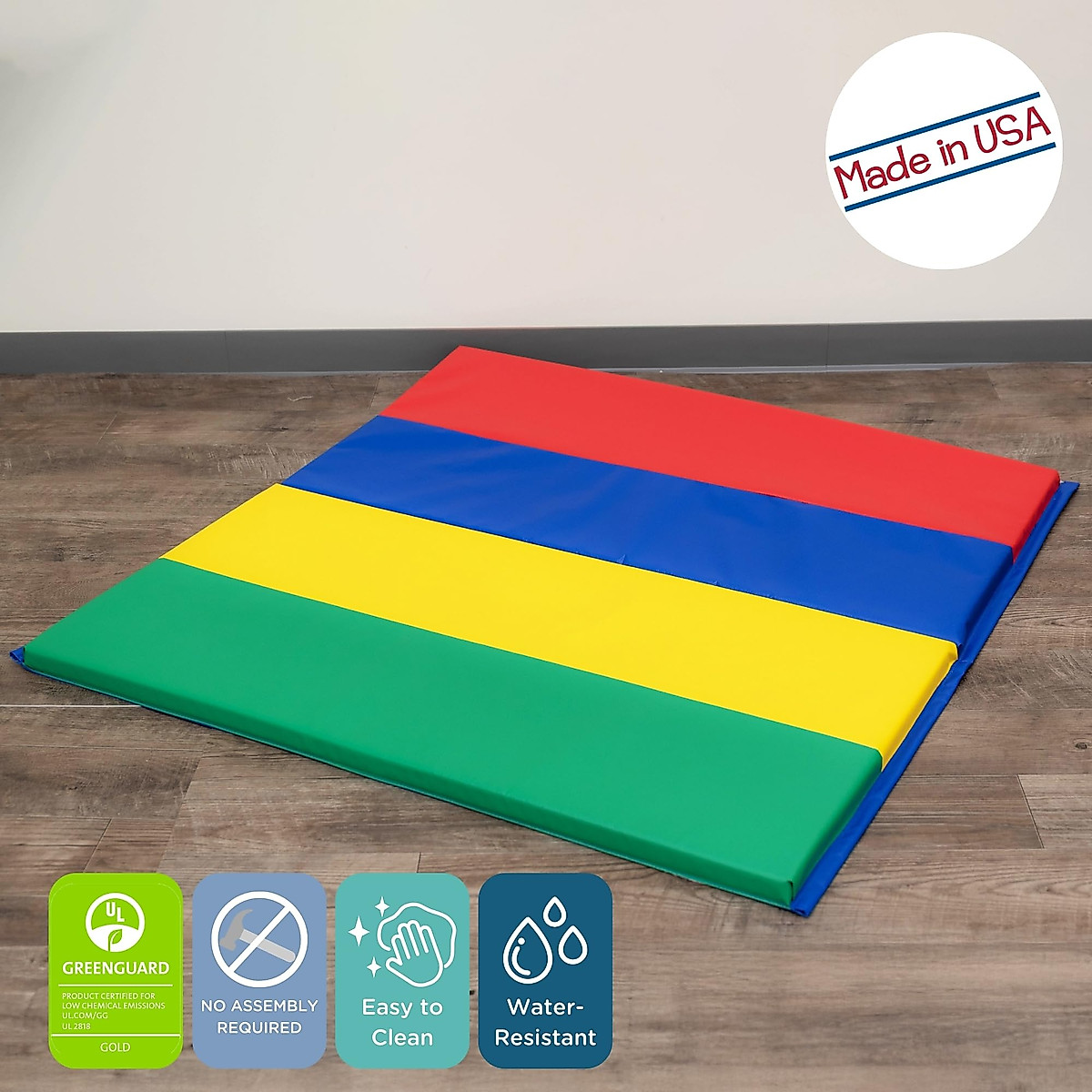 Children's Factory Rainbow Folding Gym Activity Mat, 4 ft x 4 ft, Cushioned Floor Mat for Kids, Daycare Floor Mat for Kids