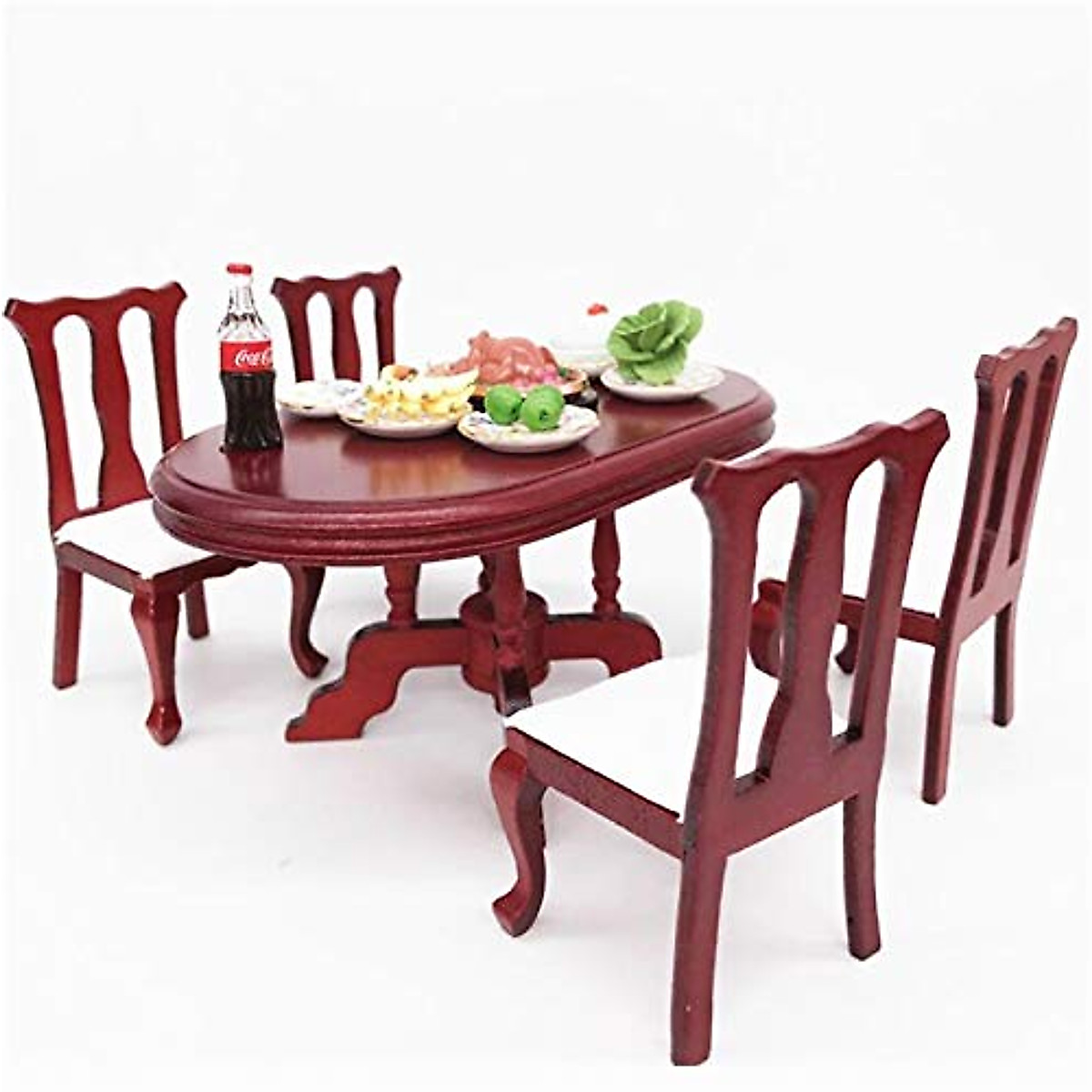 EatingBiting 1:12 Dollhouse Miniature Furniture Red Wooden Dining Table Chairs 5pcs Set 1 Table and 4 Chair Wooden Creative Handcraft Gift for Boys Girls Perfect for Interior Model.