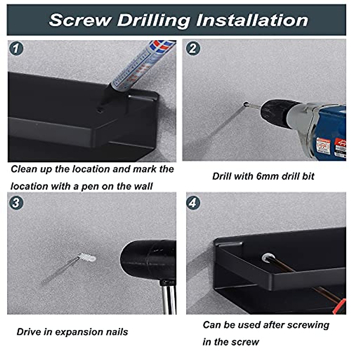 Bathroom Shower Stainless Steel Shelf SUS304 Self-Adhesive/Screws Drilling 11.8" Rectangular Storage Organizer Shelves Wall Mounted Bath Shower Shelf Brushed Finish for Bathroom, Washroom, Kitchen