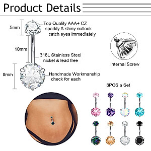 VANGOT 14G Surgical Steel Belly Button Rings for Women Round Color Cubic Zirconia Navel Ring Barbell Body Piercing
