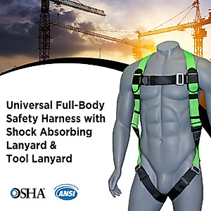 AFP Universal Full-Body Fall Protection Safety Harness with Dorsal D-Ring and Mating Buckle Legs | High-Visibility Green | Shock Absorbing Lanyard & Tool Lanyard (OSHA/ANSI)