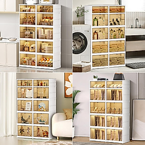 EHAMILY Pantry Cabinet Plastic Foldable with Doors Clear Collapsible Storage Cabinet with Wheels Large Folding Stackable Closet Storage 5-Tier 10Grids Easy Assemble