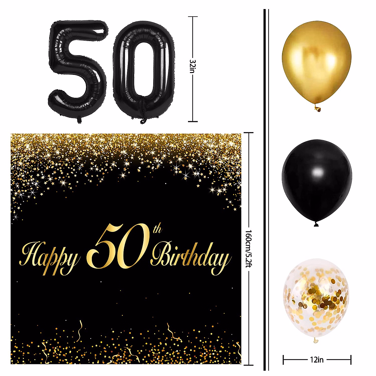 Happy 50th Birthday Balloons Black Set Decor - Cheers to 50 Years Old Party Theme Garland Banner Backdrop Decorations For Women and Men Supplies