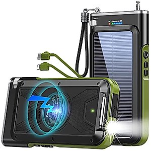 Solar Power Bank 36800mAh, Emergency FM Radio Wireless Charger Built-in 2 Cables and Kickstand 15W Fast Charging Portable Charger LED Flashlight, USB C Input/Output Compatible with All Mobile Devices