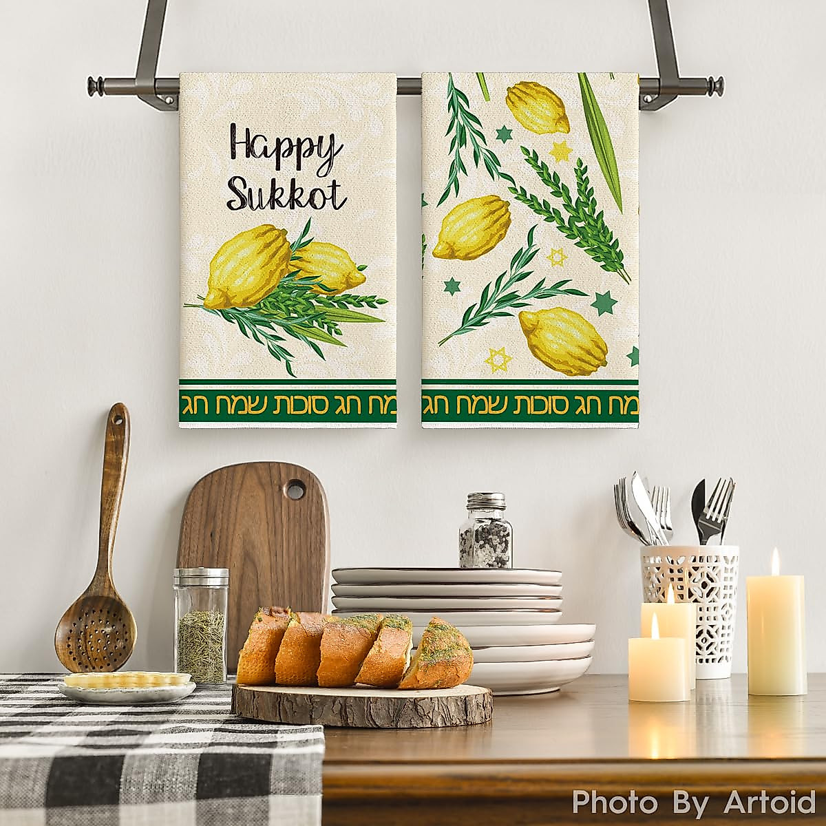 Artoid Mode Lemons Happy Sukkot Kitchen Towels Dish Towels, 18x26 Inch Hebrew Etrog Lulav Decoration Hand Towels Set of 2