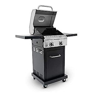 Megamaster 720-0864MA 2 Burner Propane Barbecue Gas Grill, for Camping, Outdoor Cooking, Patio, Garden Barbecue Grill, 28000 BTUs, with Foldable Side Table, Silver and Black