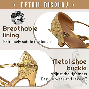 HIPPOSEUS Women's Latin Dance Shoes Gold Closed Toe Sparkle Heel 3" Ballroom Salsa Tango Dance Performance Shoes,Model 053,8.5 B(M) US