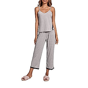 LYANER Women's Pajamas Set V Neck Sleeveless Cami Top with Pants PJ Sets Sleepwear Grey Medium