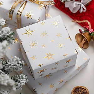 Flyhill White Wrapping Paper-17inch*197inch（ 23.4sq.ft.ttl Per Roll - White Gold 3D Embossed Foil Star Pattern for Christmas,Birthday, Party,Wedding,Bridal Shower Shower,Thanksgiving