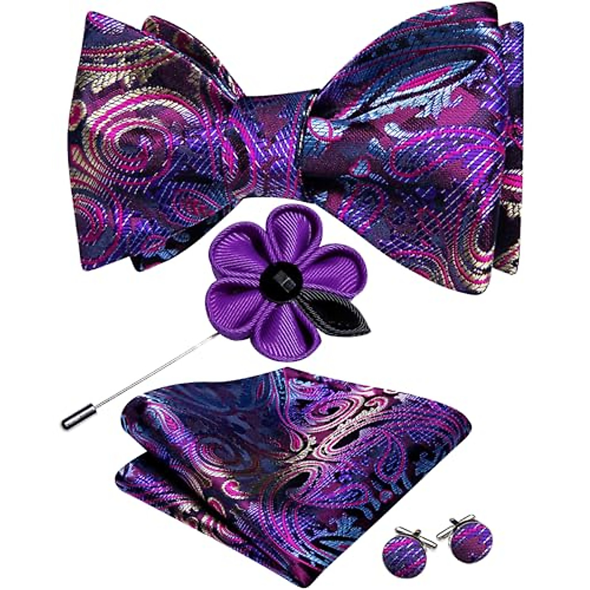 YOHOWA Mens Bow Tie Set with Lapel Pin Brooch Purple Blue Silk Self Tie Bowtie Handkerchief Cufflinks Formal Wedding Party Prom