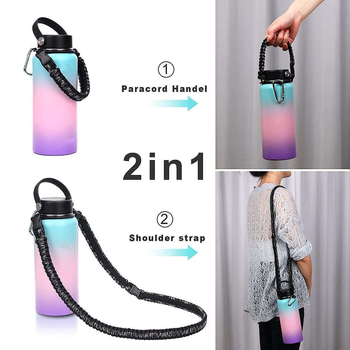 iLVANYA Paracord Handle with Shoulder Strap Compatible with Hydro Flask Wide Mouth Bottles, Paracord Strap Carrier for 12oz to 64oz Bottle, Bottle Accessories with Safety Ring Carabiner (Weave Grey)