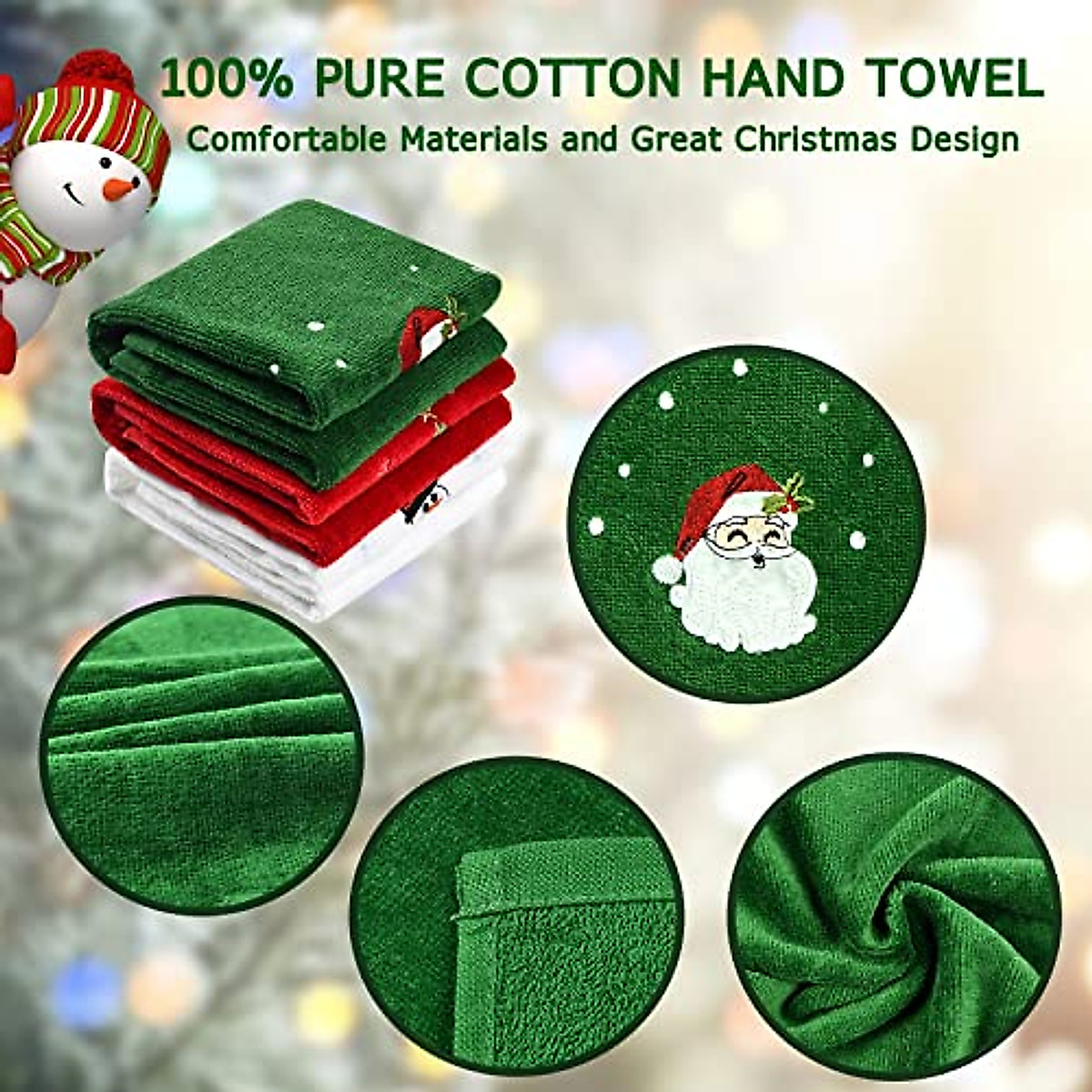 Large Size 16" x 27" Christmas Hand Towels, 100% Pure Cotton Bathroom Decorative Towels Soft Washcloths Kitchen Hand Towels Perfect Christmas Decor, Pack of 3 (Red, White, Green)