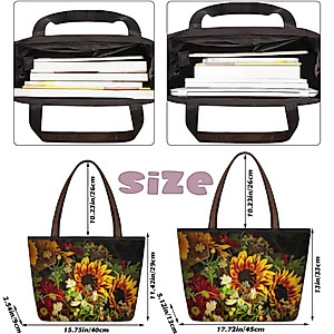 Sunflower Floral Large Totes Top Handle Purse Women Shoulder Bag, Summer Flower Tote Bag with Zipper Handbag for Travel School Girls