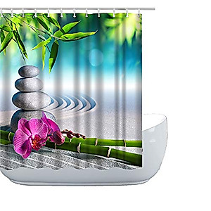 Amagical Zen Garden Theme 16 Piece Shower Curtain Set Bathroom Mat Set Orchid Flowers and Stones in Zen Garden Sunny Day Pattern Bath Mat + Contour Mat + Toilet Cover + Shower Curtain and 12 Hooks