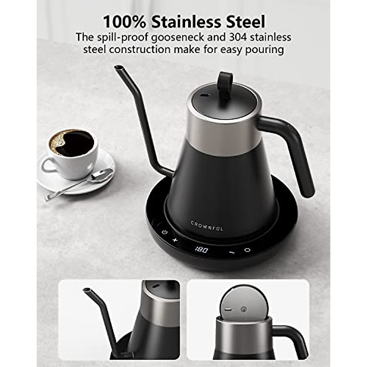 CROWNFUL Smart Electric Gooseneck Kettle with 4 Variable Presets, ±1℉ Temperature Control, 0.8L Capacity, 1200W Quick Heating, 100% Stainless Steel, Pour Over Coffee Kettle, Alexa Control