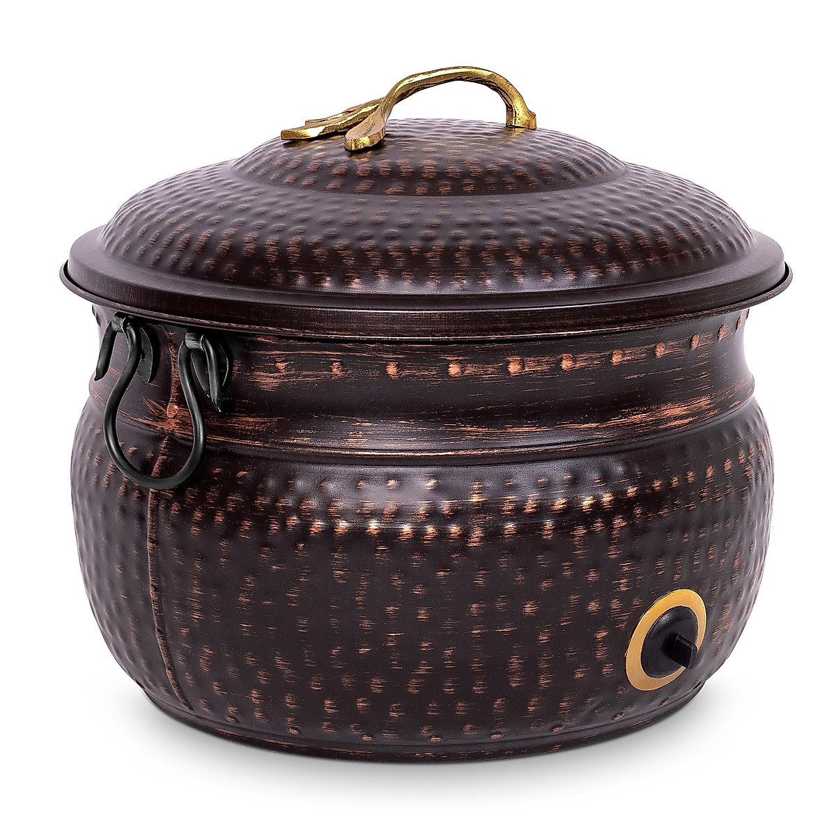 BIRDROCK HOME Decorative Water Hose Holder with Lid | Holds 200ft Hoses | Distressed Bronze | Ground Garden Hose Pot | Handle | Embossed | Steel Metal with Copper Accents | Outdoor or Indoor Use