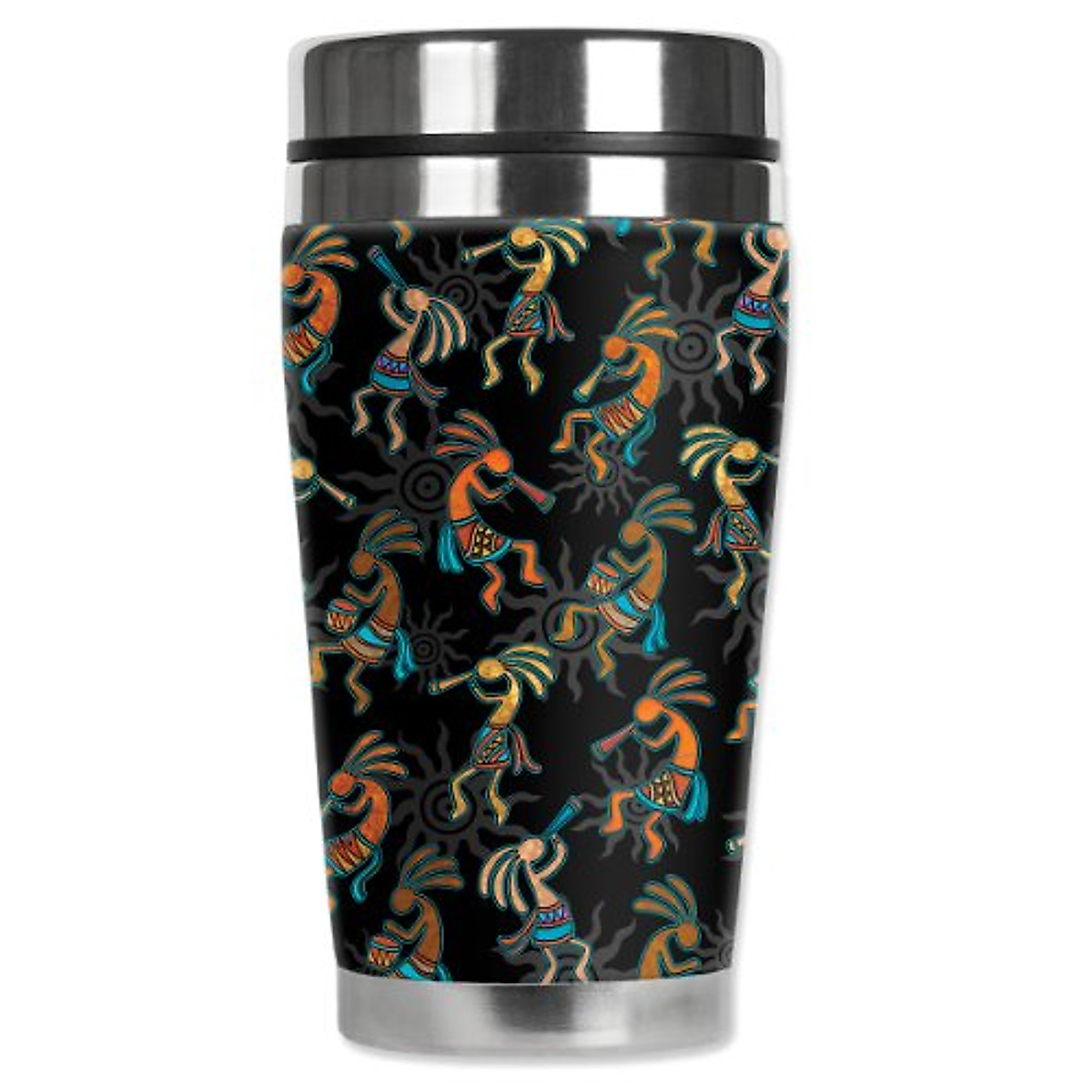 Mugzie Kokopelli Travel Mug with Insulated Wetsuit Cover, 16 oz, Black
