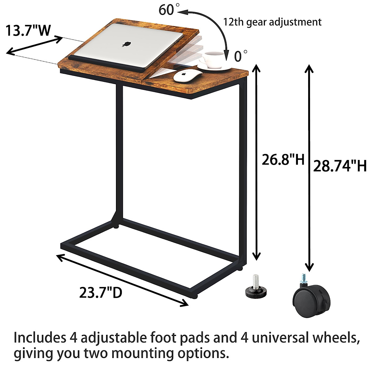 YELNOKU Couch Desk with Lockable Wheels, Slide Sofa Desk with Tiltable Drawing Board, Over Couch Arm Side Table Desk for Eating and Laptops, Portable Ergonomic Laptop Stand for Home Office Work, Brown