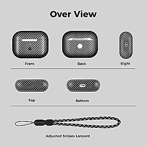 MONOCARBON Real Carbon Fiber Case for AirPods Pro 2nd Generation 2022 with Stripes Lanyard | Slim & Durable Cover for AirPods Pro 2 Accessories | Support Wireless Charging | Shock-Absorbing Protective