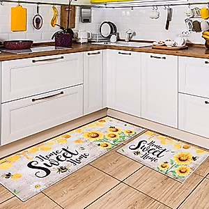Sunflower Kitchen Rugs - 2 Piece Kitchen Mats Set Non-Slip Kitchen Backing Area Rugs Home Sweet Home Doormat Indoor Outdoor Entry Floor Washable Waterproof Standing Mat(17" x 30" + 17" x 47")