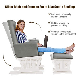 Costzon Baby Glider and Ottoman Cushion Set, Wood Baby Rocker Nursery Furniture for Napping, Nursing, Reading, Upholstered Hoop Glider & Ottoman Comfort Nursery Chair w/Padded Armrests (Gray)