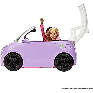Barbie Toy Car "Electric Vehicle" with Charging Station, Plug and Sunroof, Purple 2-Seater Transforms Into Convertible (Amazon Exclusive)