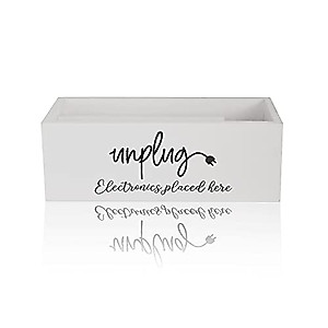 CHONIC Unplug Box, Farmhouse Style Be Present Phone Box, Cell Phone Basket for Home, Wood Mobile Phone Jail, Family Time Out Charging Station for Phone Tablet Electronics Holder (White)