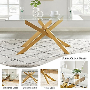 Edwin's Choice 58.5” Rectangle Glass Dining Table, Tempered Glass Table Top and Metal Tubular Legs, Modern Style Table for Home, Kitchen, Dining Room 58.5”Lx29”Wx30”H, Gold (Table Only)