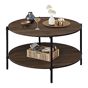 WLIVE Round Coffee Table, Living Room Table with 2-Tier Storage Shelf,32in Wood Modern Coffee Table with Metal Frame and Wood Desktop,Easy Assembly，Brown Walnut.