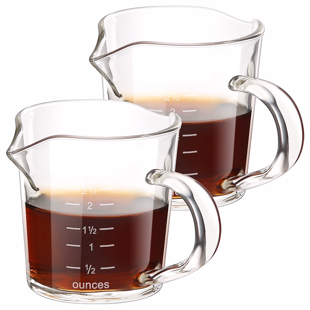 2 Pack 3oz Heat Resistant Glass Espresso Measuring Glass Espresso Shot Glass Triple Pitcher Barista Double Spouts With Pouring Handle Barista Measuring Cup Double Shot Glass (Glass Handle)