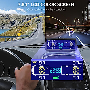 Hieha Tire Pressure Monitoring System, 7.84” Wireless Solar Rv TPMS with 4 Sensors for Travel Trailer Truck Fifth Wheel Motorhome, Real-time Monitoring Pressure and Temperature(0~198 PSI)