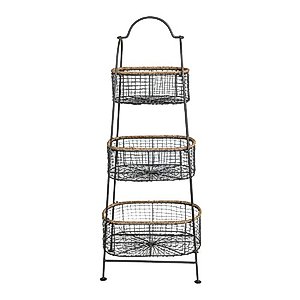 Creative Co-Op Metal & Rattan 3-Tier Removable Baskets Stand, Black