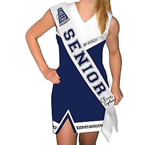 Cheer Captain Gifts - Navy Blue with Silver Sparkle Outline Cheer Captain Senior White Premium Grade Satin Sash - High School Cheerleader Supplies - White Sash (Cheer Capt) NVY w/SLV