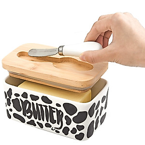 Lumicook Cow Large Butter Dish with Lid, Butter Dish with Lid for Countertop, Ceramic Butter Dish with lid and knife, Butter Keeper Double Silicone Seals, Perfect for 2 Sticks of Butter black