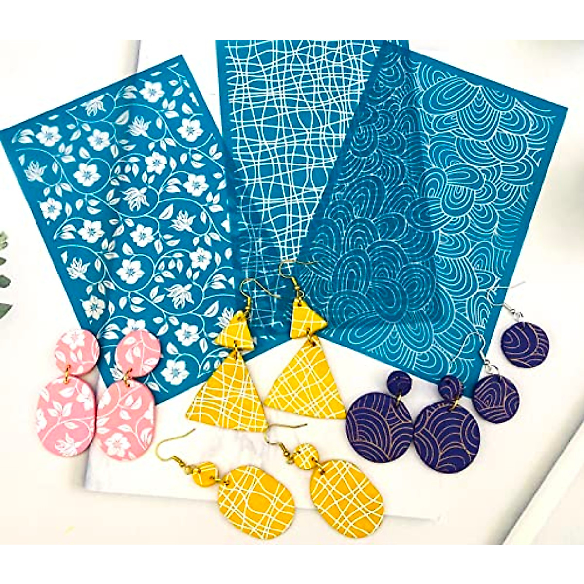 Alinacutle Polymer Clay Silk Screen Stencils for Earrings Printing DIY Jewelry, 3- Silkscreen Stencils & 1- Squeegee