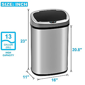 13 Gallon Automatic Trash Can with Lid, Touch Free Stainless Steel Kitchen Smart Garbage Can 50L High Capacity Electronic Sensor Trash/ Waste Bin for Room Kitchen Office, Silver
