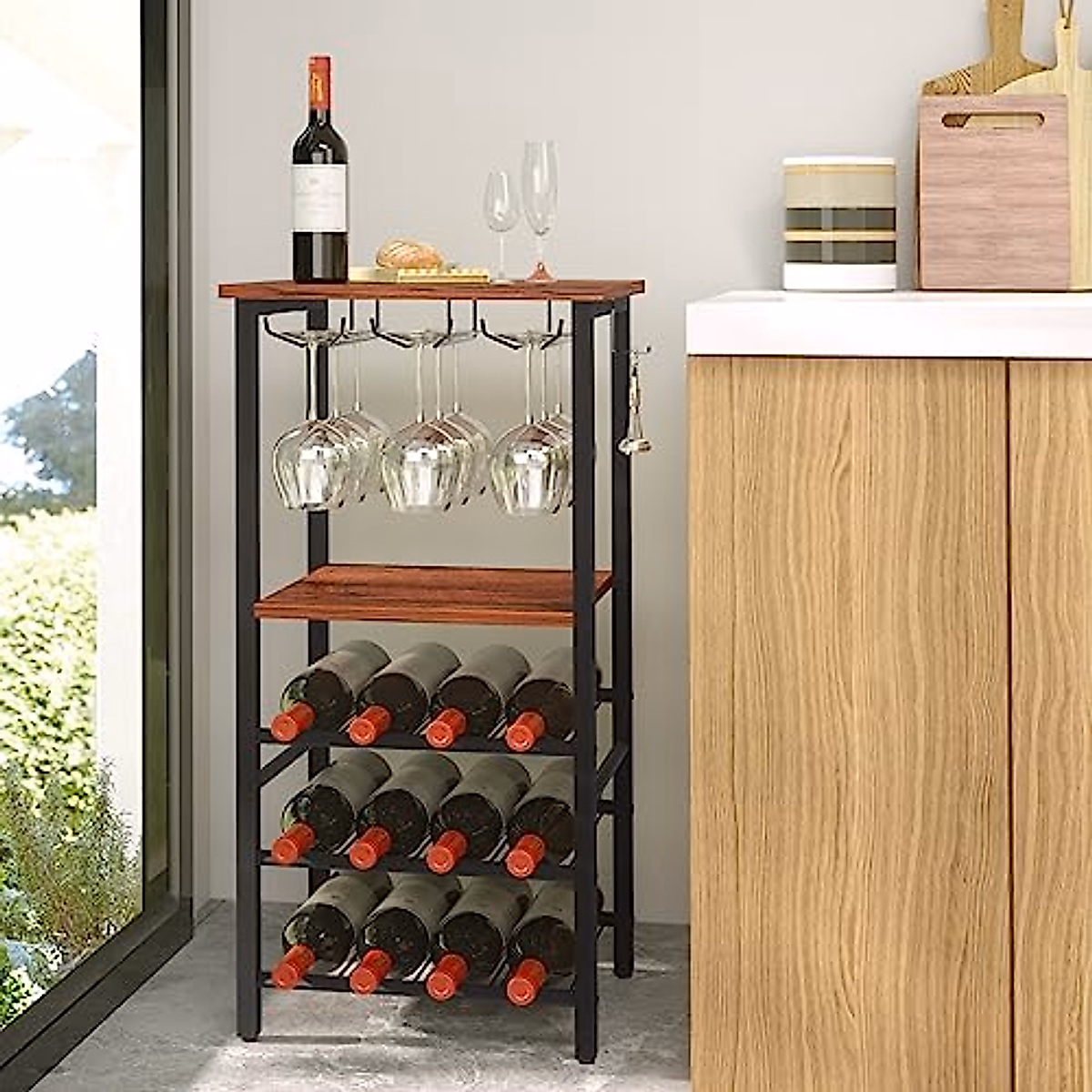 Yoobure Wine Rack Freestanding Floor with Glass Holder Wine Racks for Floor 12 Bottles Wine Bar Rack, Wine Holder Stand with Wood Tabletop 3-Tier Wine Table with Rack for Home Bar Kitchen Living Room