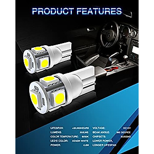 Marsauto 194 LED Bulbs 168 T10 2825 5SMD LED Bulbs Car Dome Map License Plate Lights Lamp White 12V (Pack of 2)