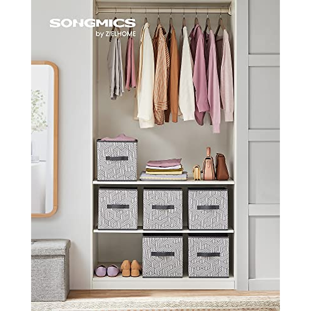 SONGMICS Storage Cubes, Set of 6 Non-Woven Fabric Storage Bins, Cube Drawers for Shelves and Closet Storage, Foldable, for Clothes Toys, Gray with Zigzag Pattern UROB016G01