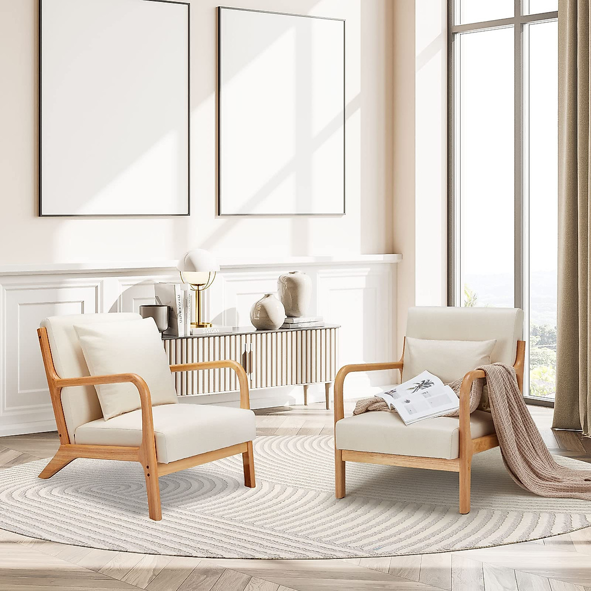 Esright Modern Accent Chairs for Living Room Set of 2, Mid Century Modern Living Room Bedroom Reading Comfy Lounge Chairs, Small Side Armchair for Bedrooms (Beige)