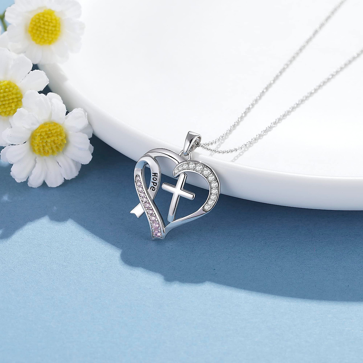 CUPENDA Breast Cancer Awareness Necklace Sterling Silver Cross Pink Ribbon Heart Pendant Survivor Gift Jewelry Gifts for Women