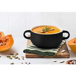 Kook Soup Crocks, Ceramic Bowls, Broil, Oven, Microwave and Dishwasher Safe, with Handles, For Casserole, Pasta, Cereal, 18 oz, Set of 4 (Black)